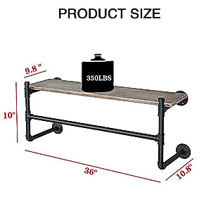 Clothes Rack with Shelf, 36in Industrial Pipe Wall Mounted Garment Rack, Space-Saving Display Hanging Pipe Clothes Rack, Heavy Duty Detachable Multi-Purpose Hanging Rod for Closet Storage(1-Layer)