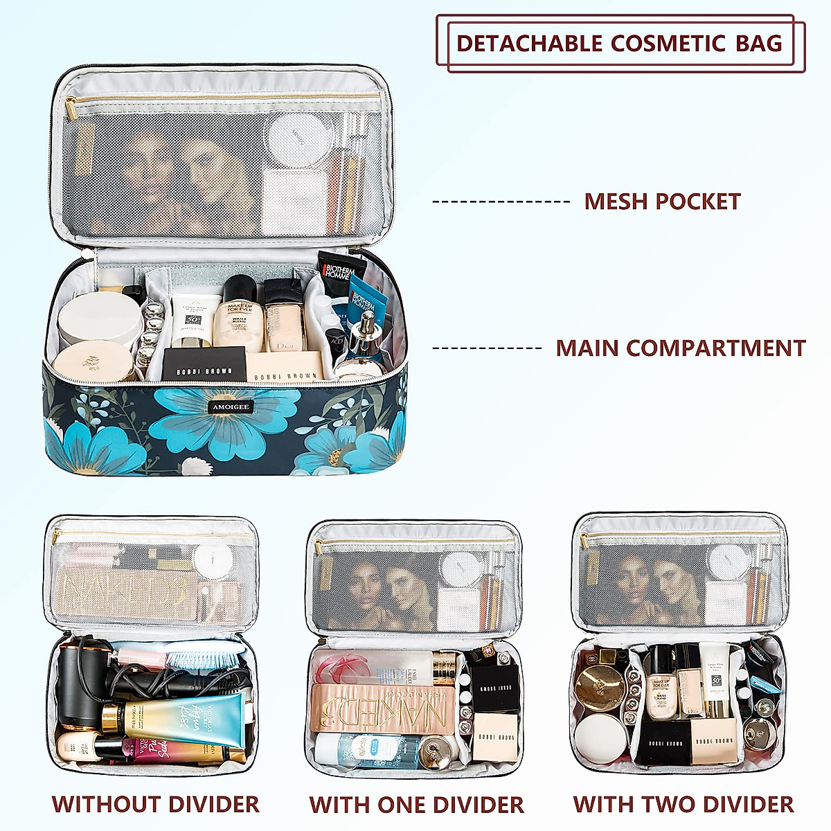 AMOIGEE Double Layer Makeup Train Case - Travel Bag Organizer for Makeup Brushes, Bottles, Palettes, Sponges and Cosmetics