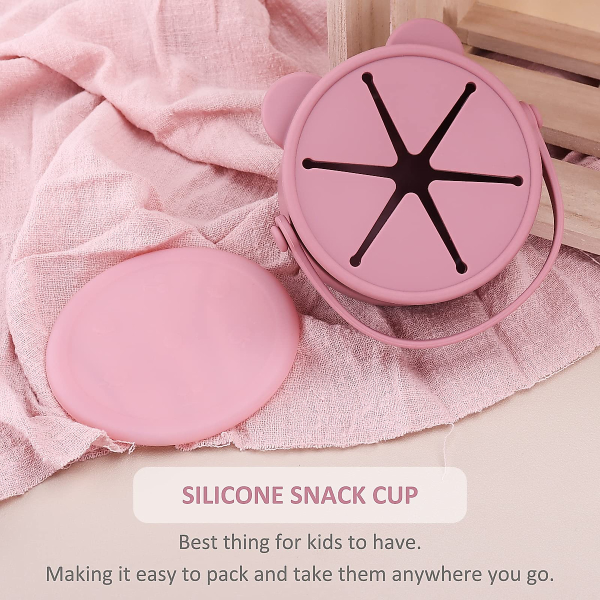 Dilovely Snack Cups for Toddlers, Baby Snack Containers, Silicone Toddler Snack Cups No Spill, Food Catcher with Lid & Bucket-like Handle, BPA Free & Dishwasher Safe, 9 Ounce Rose