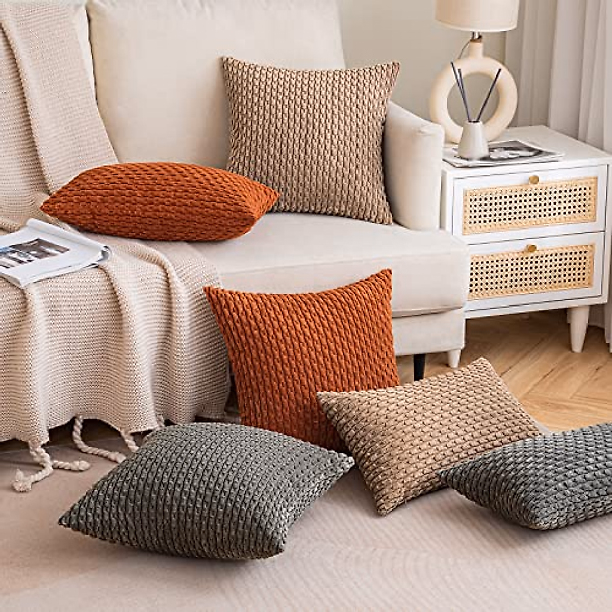 EMEMA Throw Pillow Covers Soft Corduroy Decorative Boho Striped Pillowcases Rectangle Cushion Case Farmhouse Home Decor for Couch Sofa Living Room Bed Pack of 2, 12x20 Inch Brown