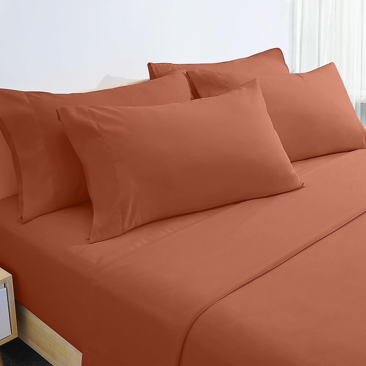 HOMEIDEAS 6 Pieces Lightweight Easy Care Microfiber Bed Sheets Set(Queen, Terracotta), Super Soft & Fade Resistant, 15 inches Deep Pocket 1800 Thread Count Bedding