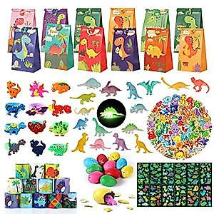 Dinosaur Birthday Party Supplies for 12 Kids, Dino Gift Bags Party Favors with Dinosaur Eggs That Hatch, mini dinosaur figures grown in dark , Slap Bracelets, Rubber Rings and Tattoos Stickers for dino themed party Gifts, Goodie treat Bags Fillers