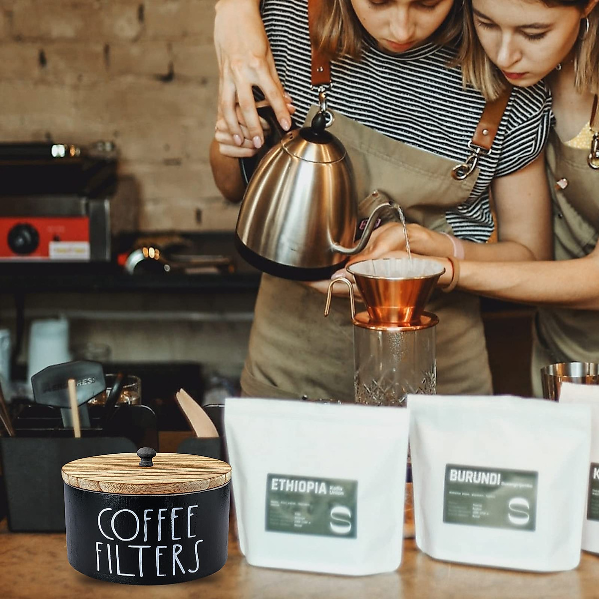 Rustic Wood Coffee Filter Holder with Lid for Coffee Bar