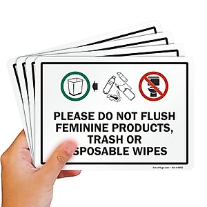 SmartSign (Pack of 4) 5 x7 inch “Please Do Not Flush Feminine Products, Trash Or Disposable Wipes” Labels with Symbols, 5 mil Laminated Polyester with SuperStick Adhesive, Multicolor