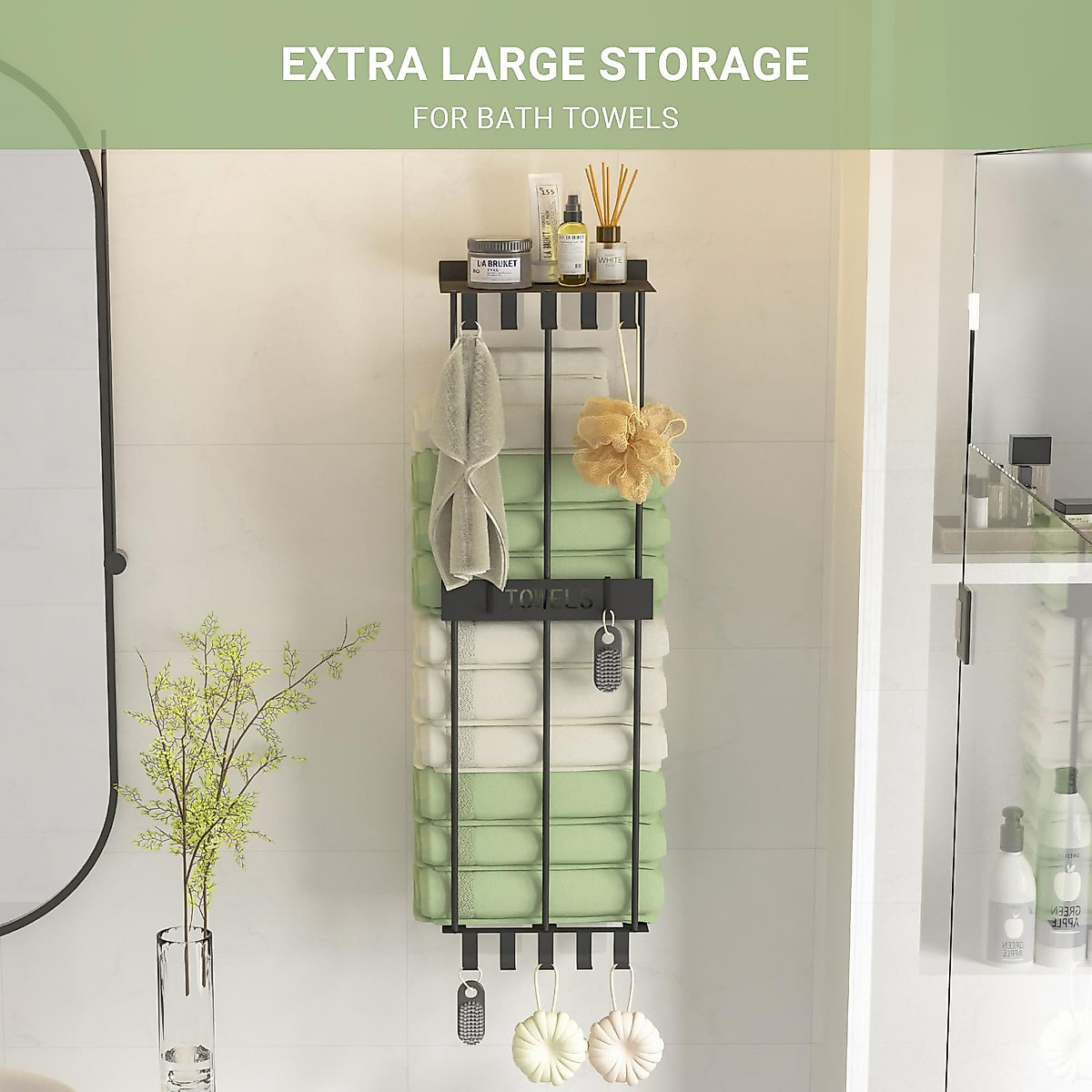 HGFITNIT Towel Racks 1PCS,Towel Racks for Bathroom,35 inch Towel Rack Wall Mounted with Metal Shelf and 10 Hooks Can Holds 6 Large Towels,for Modern Small Space Bathroom Towel Storage (Black)