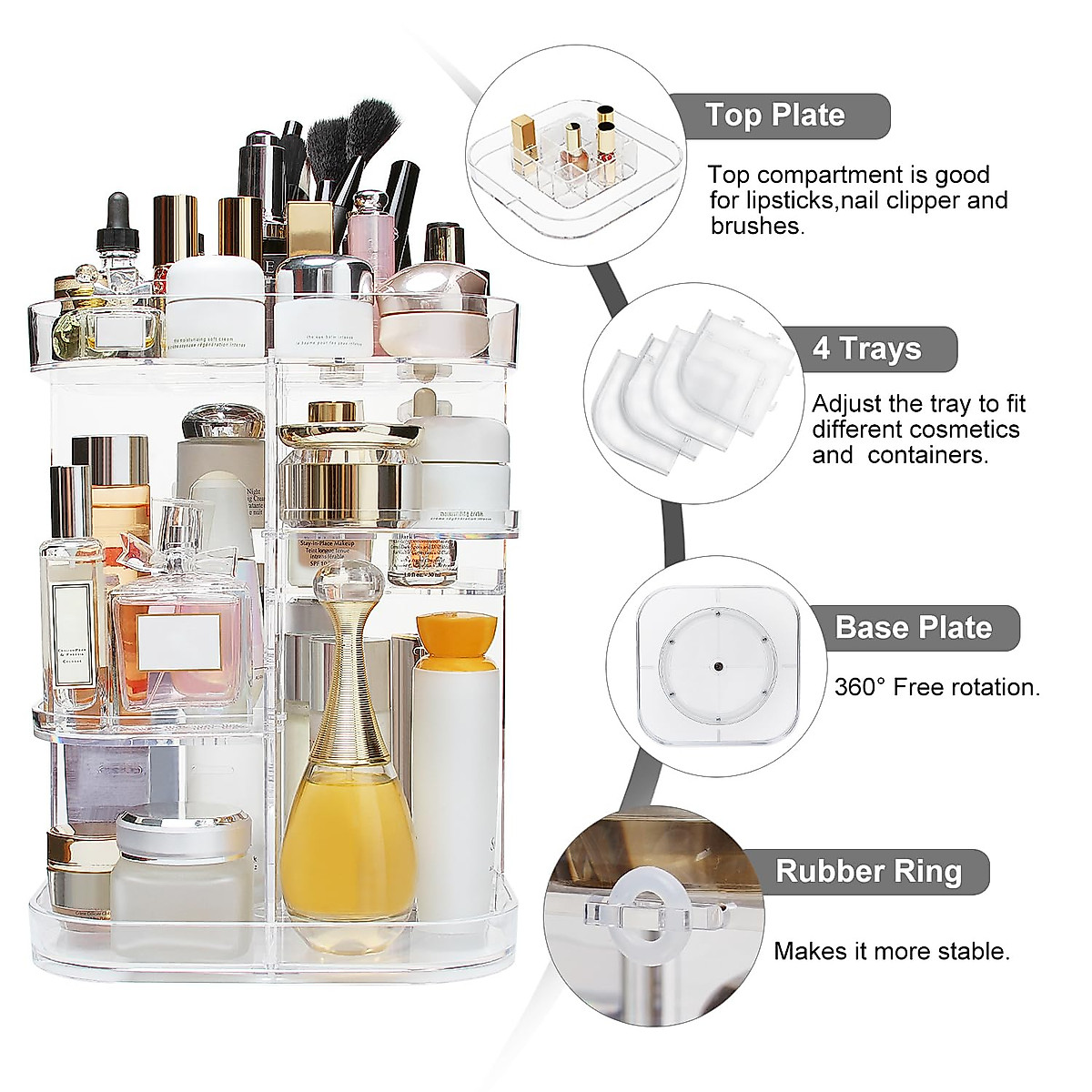 AMEITECH 360-Degree Makeup Organizer, DIY Adjustable Rotating Cosmetic Storage Carousel Spinning Holder Storage Rack with 5 Layers Large Capacity, Best for Countertop, Square