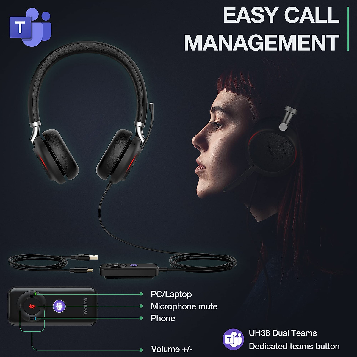Yealink UH38 Bluetooth USB Wired Headset with Microphone Stereo for PC Computer Headset Telephone Headset Teams Certified with Noise-Canceling with 360° Busylight