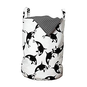 Lunarable Orca Laundry Bag, Grampus Killer Whale Repeating Pattern in Doodle on Plain Backdrop Print, Hamper Basket with Handles Drawstring Closure for Laundromats, 13" x 19", Charcoal Grey and White