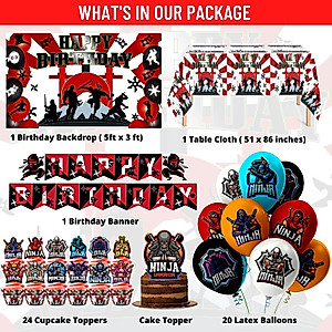Nelton Ninja Party Supplies Includes Cake Topper, 24 Cupcake Toppers, 20 Latex Balloons, Happy Birthday Backdrop, 1 Table Cloth , 1 Banner