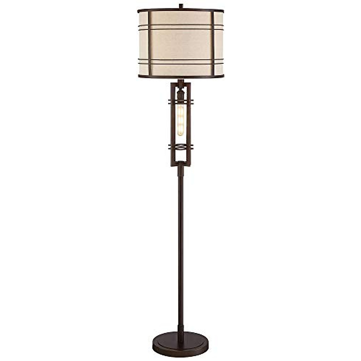 Franklin Iron Works Elias Industrial Rustic Farmhouse Floor Lamp Standing 651/2" Tall Oil Rubbed Bronze with LED Nightlight Off White Oatmeal Fabric Drum Shade for Living Room Reading Bedroom