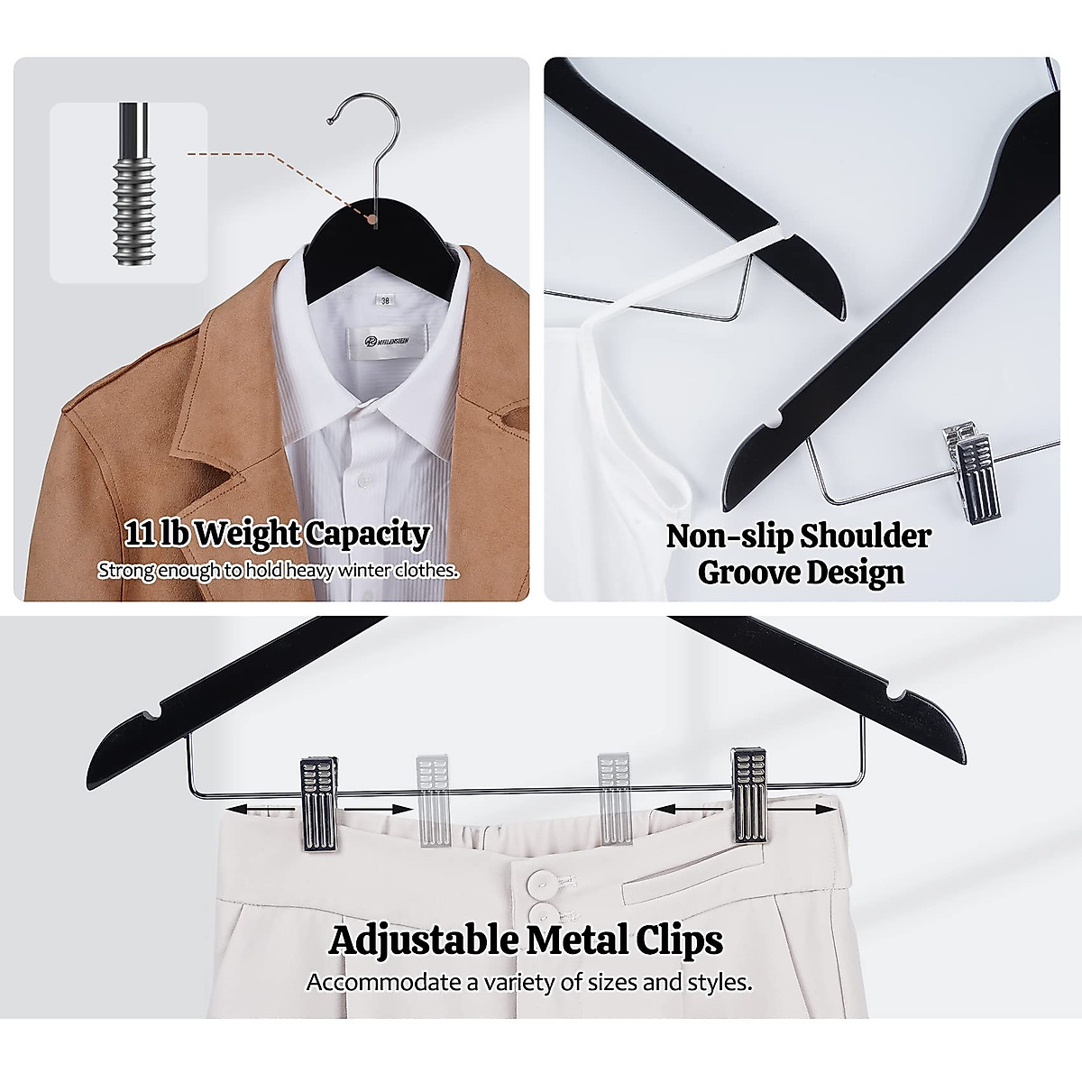 HOUÍSM Wooden Suit Hangers Skirt Hangers with Clips, 16Pack Solid Wood Pants Hangers with Heavy-Duty Clips, Premium Smooth Finish Black Wooden Hangers for Clothes Coat, Jeans, Blouse