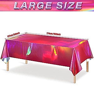 4 Pack Hot Pink Iridescence Plastic Tablecloths Shiny Disposable Laser Rectangle Table Covers Holographic Foil Tablecloth Party Decorations Birthday Bridal Wedding Christmas, 54 x 108 Inch