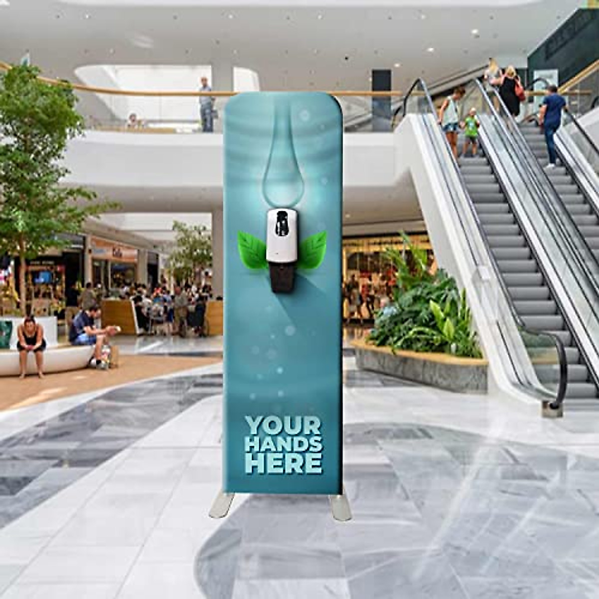 BannerBuzz Hand Sanitizer Automatic Dispenser Floor Stand Kit Touchless Machine with YOUR HANDS HERE Fabric Banner Stand Best for Hospital, Home, School, Office- 2 X 6.5 Ft (Double Side Print, Theme2)