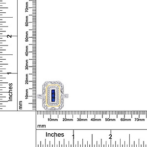 14K White Gold Over Sterling Silver Simulated Blue Sapphire & Diamond Accent Art Deco-Style Ring (1/10 cttw, I-J Color, I3 Clarity) Ring Size-4