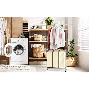 DecoBrothers Heavy Duty 3 Bag Extendable Laundry Sorter Cart with Hanging Bar, Beige