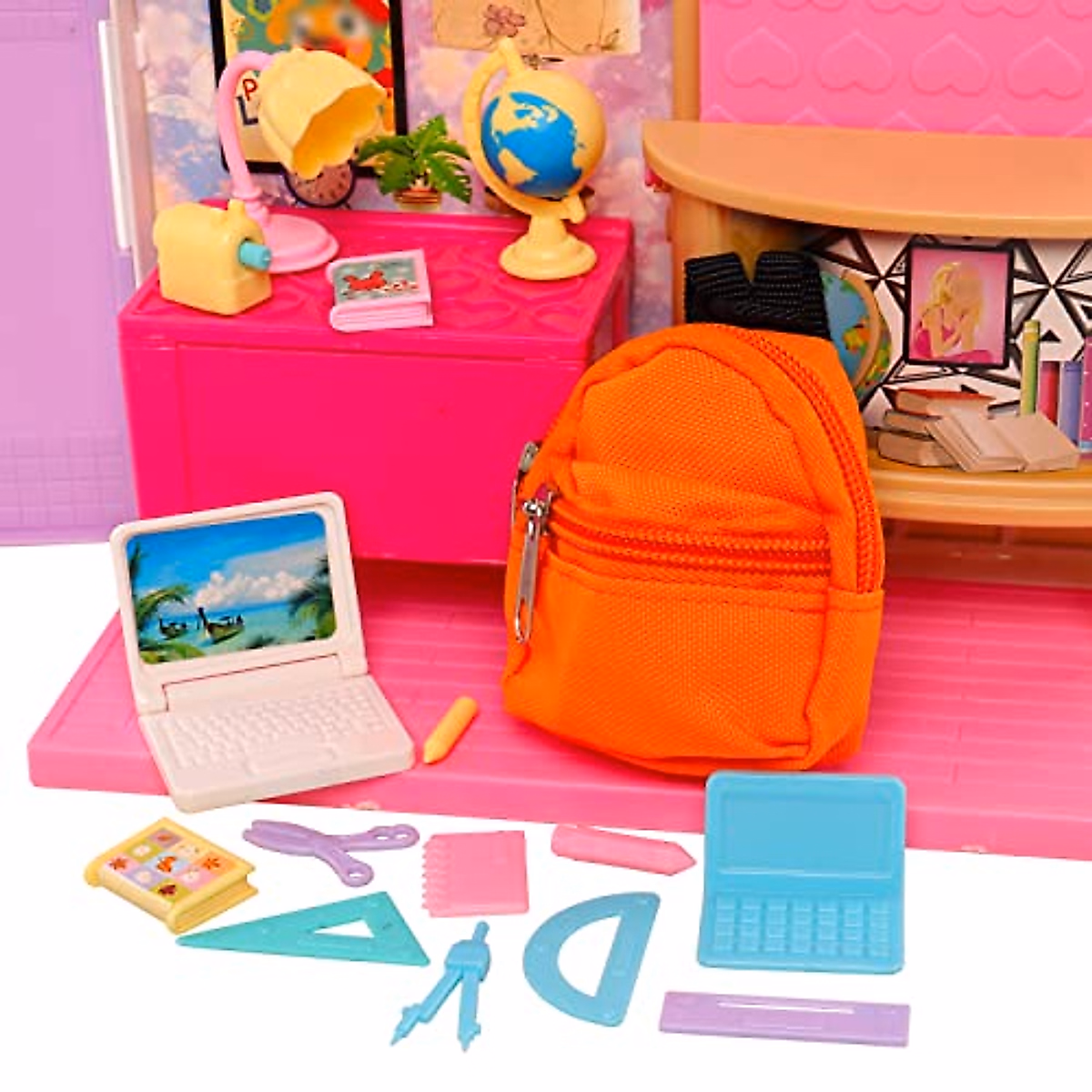 Joyfun 31 Pcs 11.5 inch Doll School Accessories 4 Doll Backpack Bag with Zipper with 4 Computers 7 Pcs Study Accessories 8 Pcs Stationery Sets 4 headsets for 11.5 inch Doll