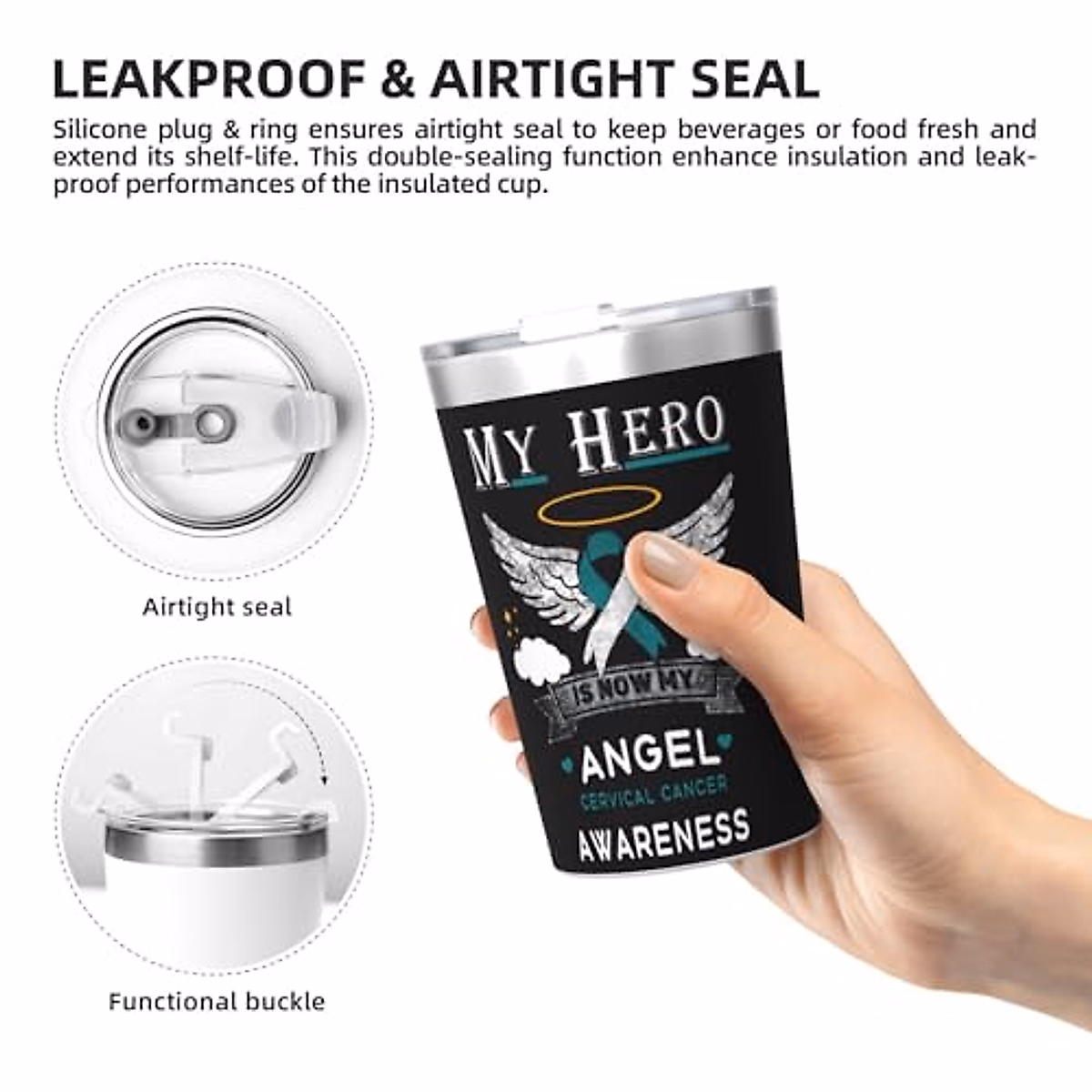 12oz Tumbler My Hero Is Now My Angel Cervical Cancer Awareness Stainless Steel Cup With Straw And Lid Spill Proof Bulk Double Wall Vacuum Reusable Water Tumblers For Cold Hot Drink