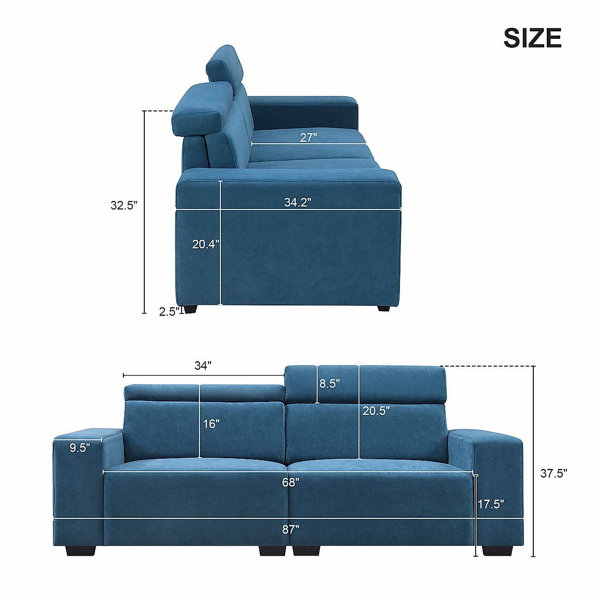 FIQHOME 2-Seater Sectional Sofa Couch with Multi-Angle Adjustable Headrest, Spacious and Comfortable Velvet Loveseat for Living Room,Studios, Salon(Blue)