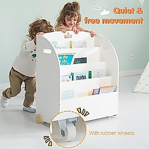 Kid Bookshelf with Wheels, White Wood Bookshelf Display Stand for kids 1 Year Up, Baby Book Shelf/Child Bookshelf/Toddler Bookshelf/Kid Book Display/Book Shelf Case Organizer kid wooden