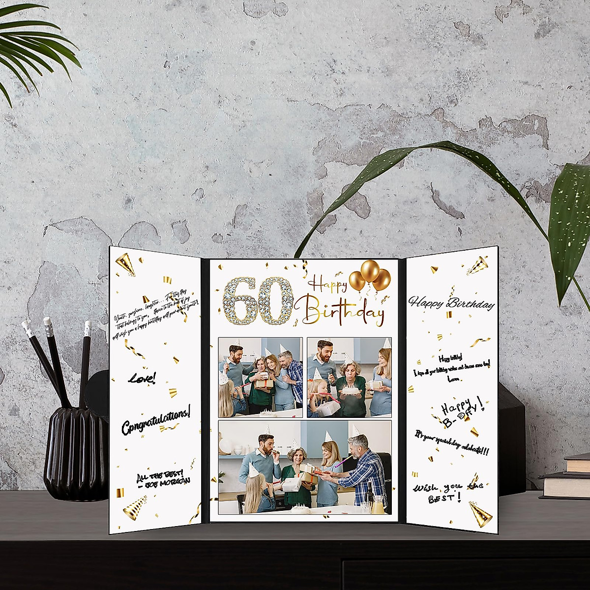 DARUNAXY Black Gold 60th Birthday Party Decorations, Happy 60th Birthday Alternative Signature Guest Book for Men Women 60 Years Old Table Sign Picture Frame Gift 60 Birthday Card Board Party Supplies