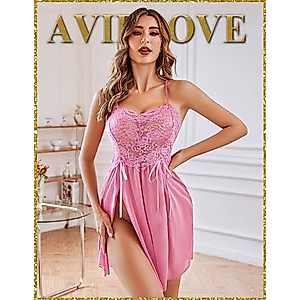 Avidlove Women V-Neck Lace Lingerie Babydoll Mesh Chemise Nightwear Outfits Pink Large