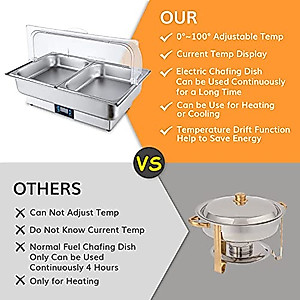Electric Chafing Dish 9 QT Adjustable 0°C~100°C Roll Top Half Size Auto ShutOff Stainless Steel Buffet Servers and Warmers, Temp Display Programmable Food Warmer Transparent Lid Chafers for Catering