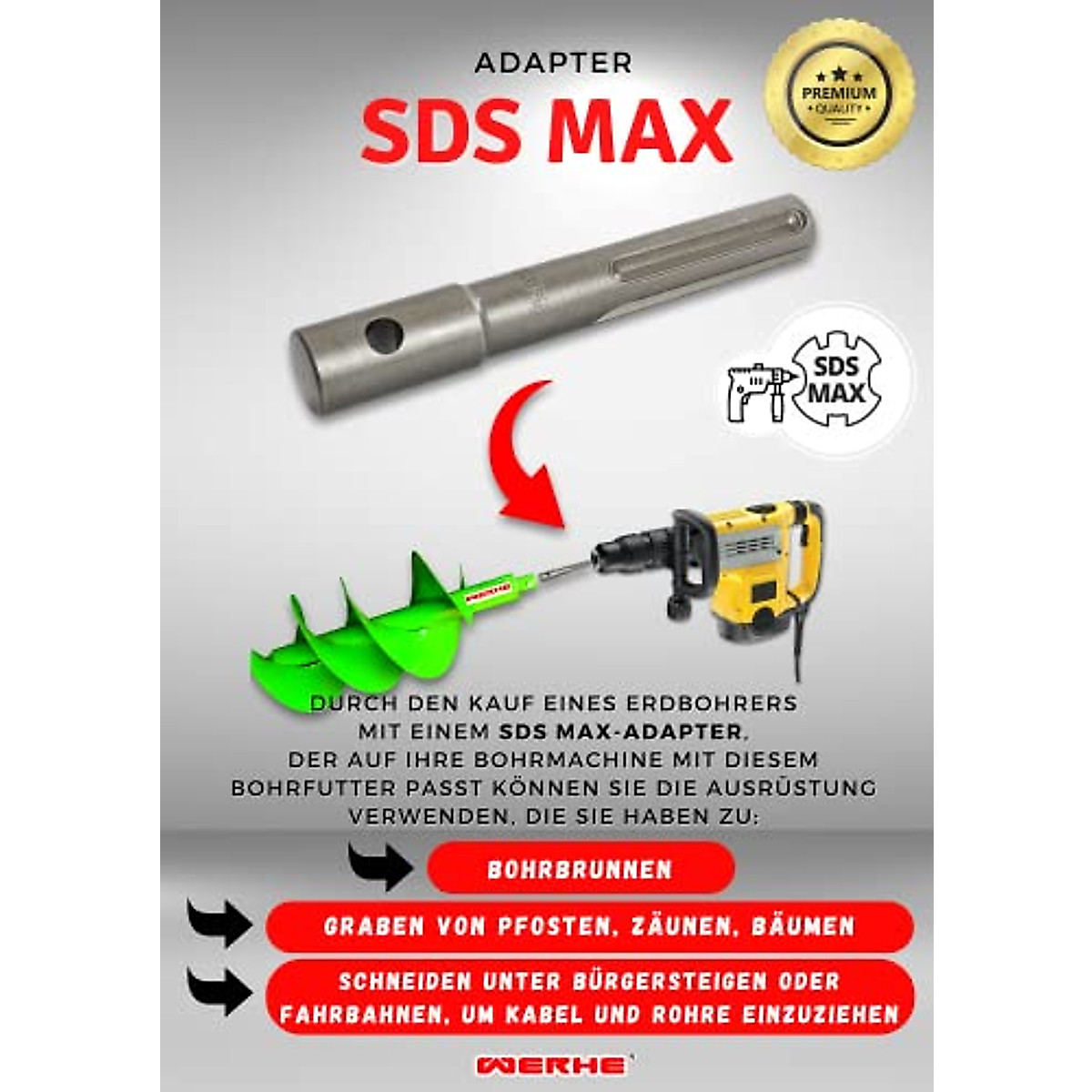 WERHE Profi Adapter for Earth Drill suitable for SDS Max Drilling Machine - For auger drill and SDS impact hammer Drill machine - Soil Drill Adapter for drills with Ø 1,6" 2,4" 3,15" 3,9" 4,7" 5,9"