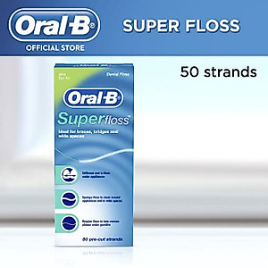Oral-B Super Floss Mint Dental Floss for Braces Bridges - 50 Strips (2-Pack)