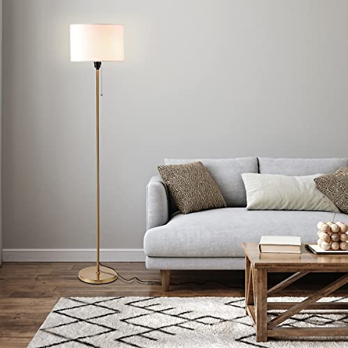 O’Bright Ted - Drum Shade Standing Lamp, Pull Chain Switch, E26 Socket, Modern Minimalist Design, Simple Floor Lamp for Living Room, Bedroom, Office, Antique Brass