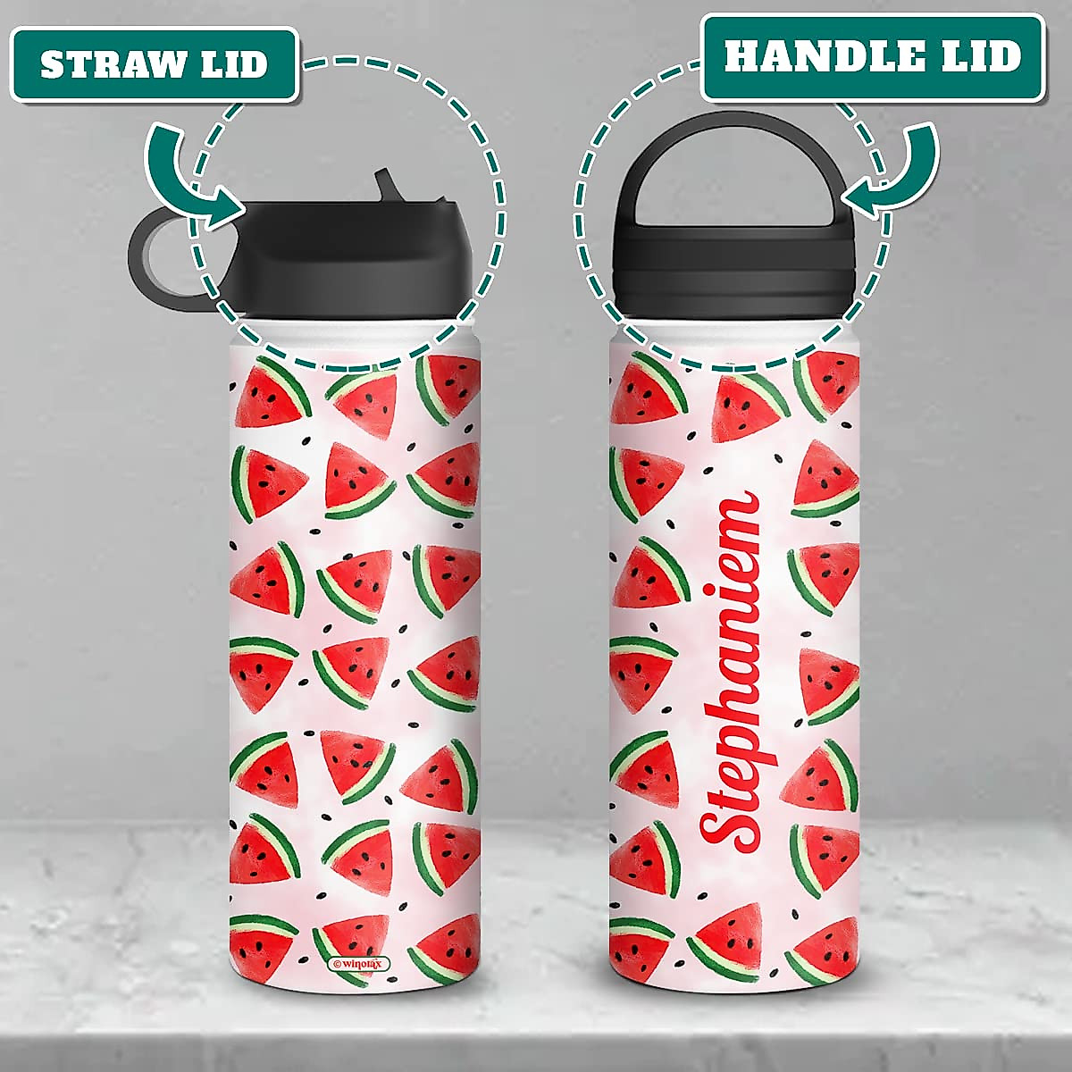 winorax Personalized Watermelon Pattern Design Water Bottle Stainless Steel 12oz 18oz 32oz Sports Bottles for Kids Women Girls Funny Gift for Back To School Summer Birthday Christmas