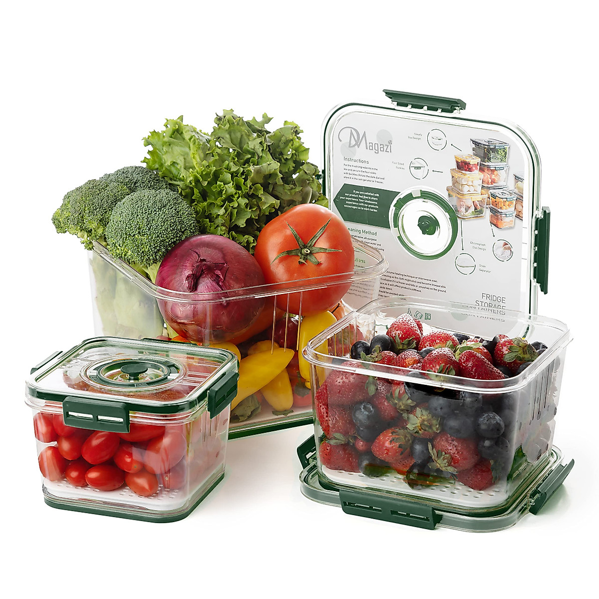 DMagazi Fruit Storage Containers for Fridge | 3 Set Fruit and Vegetable Storage Containers for Organizing with Strainer | Stackable Food Storage Containers With Lids Airtight
