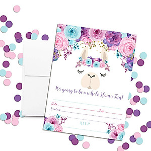 Whole Llama Fun Watercolor Floral Llama Face Birthday Party Invitations, 20 5x7 Fill In Cards with Twenty White Envelopes by AmandaCreation