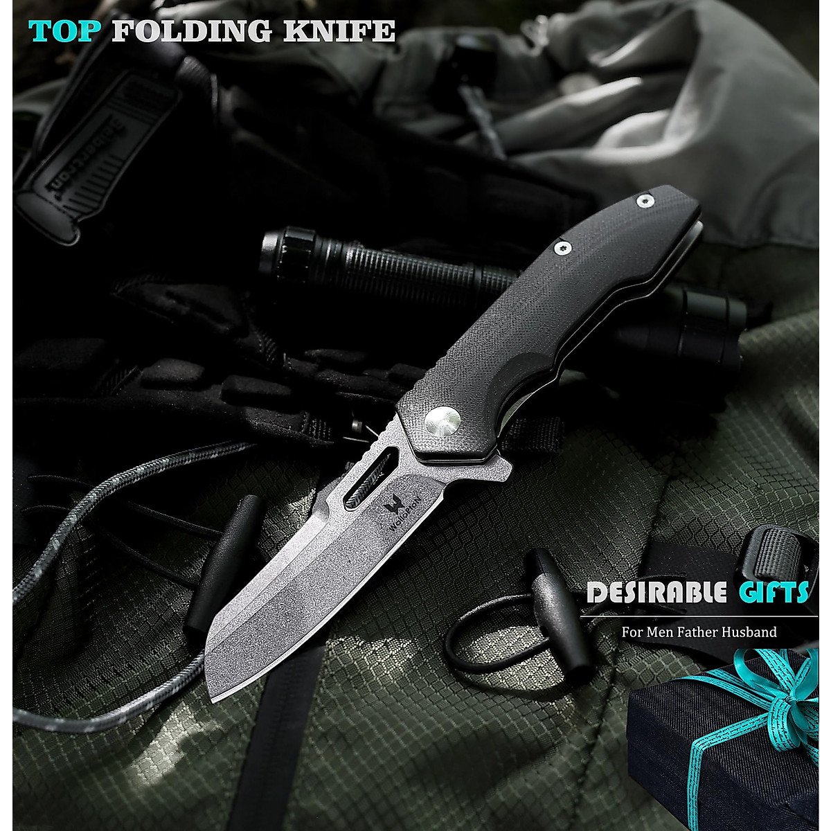 WALLOPTON Camping Folding Knife - S35VN Powder Steel G10 Handle Comfortable Grip - Great for Cutting Hunting Hiking Survival, Father’s Day Gifts for Men Husband Dad. Include Sheath & Screwdriver