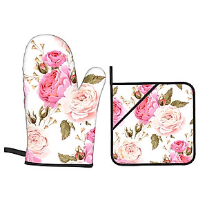 YILEQUAN Floral Flower Rose Pink Print Oven Mitts and Pot Holders Sets,Kitchen Oven Glove High Heat Resistant 500 Degree Oven Mitts and Potholder,Surface Safe for Baking, Cooking, BBQ,Pack of 4
