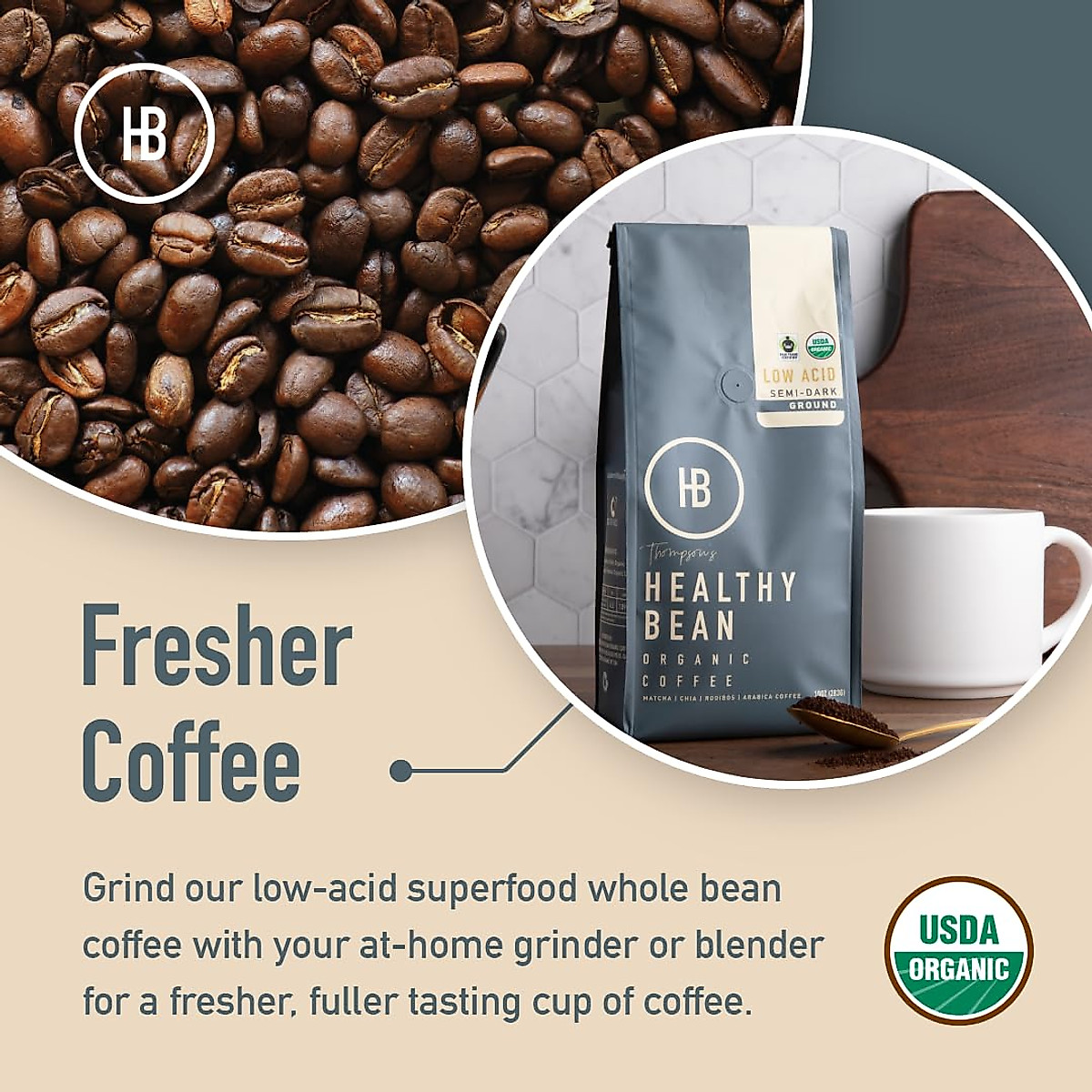Healthy Bean Coffee - Low Acid Coffee, Superfood Infused Whole Bean Coffee, USDA Organic, Mycotoxin Free, Semi-Dark Roast, 10oz