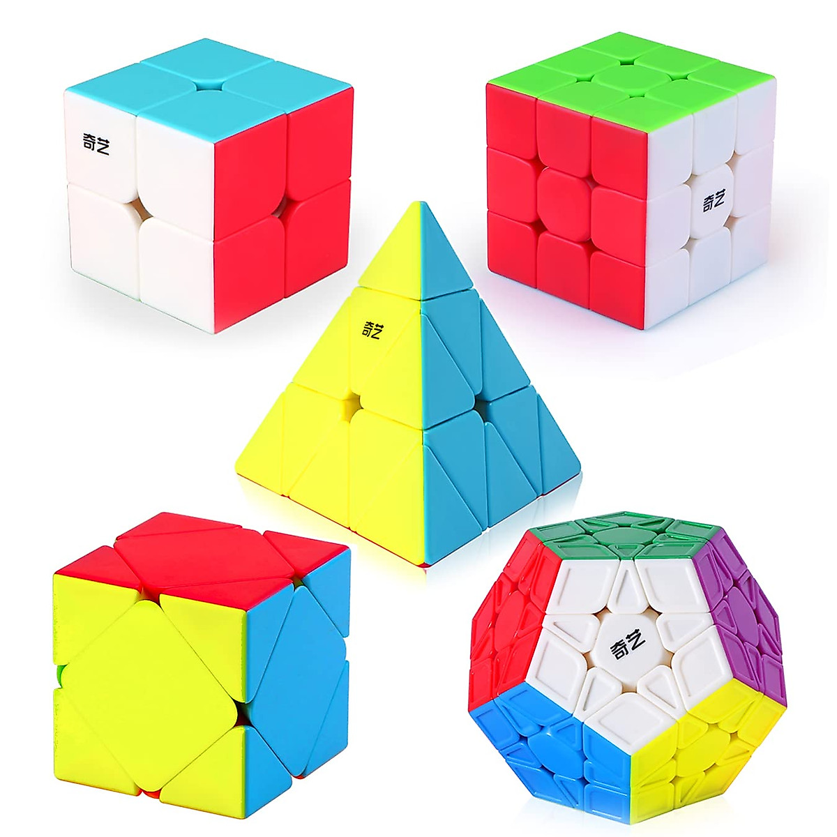 Roxenda Speed Cube Set, [5 Pack] Magic Cube Bundle of 2x2 3x3 Skew Megaminx Cube and Pyramid Cube Smoothly Stickerless Speed Cubes Collection for Kids Teens & Adults