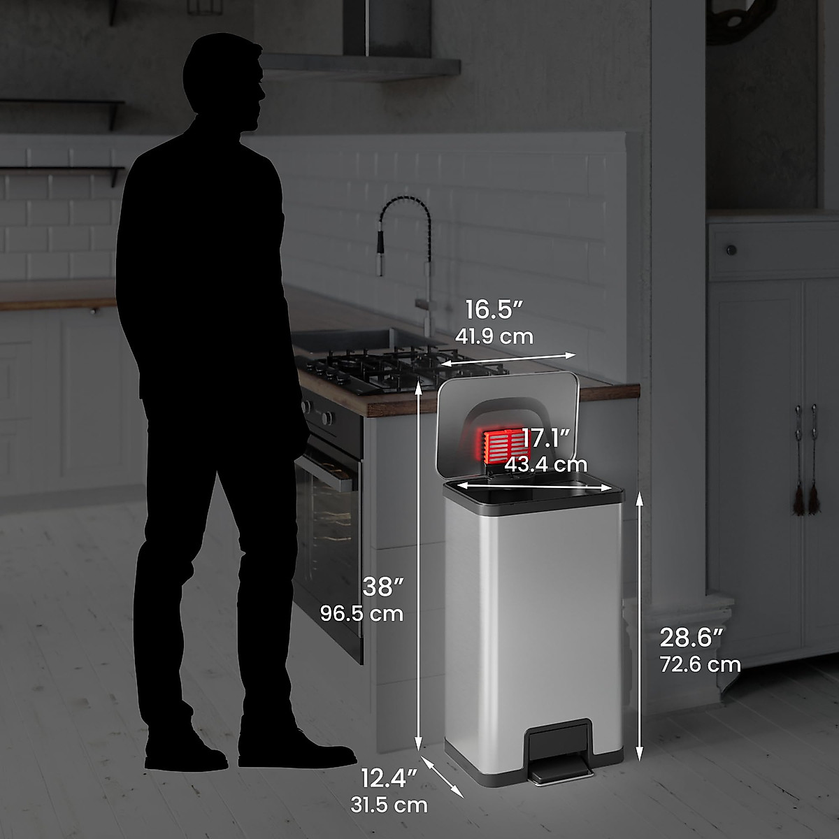 iTouchless SoftStep 18 Gallon Step Trash Can with Odor Filter, Stainless Steel, 68 Liter Garbage Bin for Kitchen, Office, Home-Silent and Gentle Open/Close, Space Saving