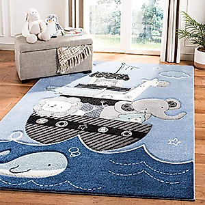 SAFAVIEH Carousel Kids Collection Area Rug - 5'3" x 7'6", Blue & Grey, Animal Design, Non-Shedding & Easy Care, Ideal for High Traffic Areas for Boys & Girls in Playroom, Nursery, Bedroom (CRK121B)