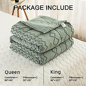 Green Tufted Comforter Set Queen Size (90×90 inches), Boho Shabby Chic Comforter Geometry Embroidery Bedding Set 3 Pieces (1 Comforter + 2 Pillowcases), Soft Microfiber Comforter for All Seasons