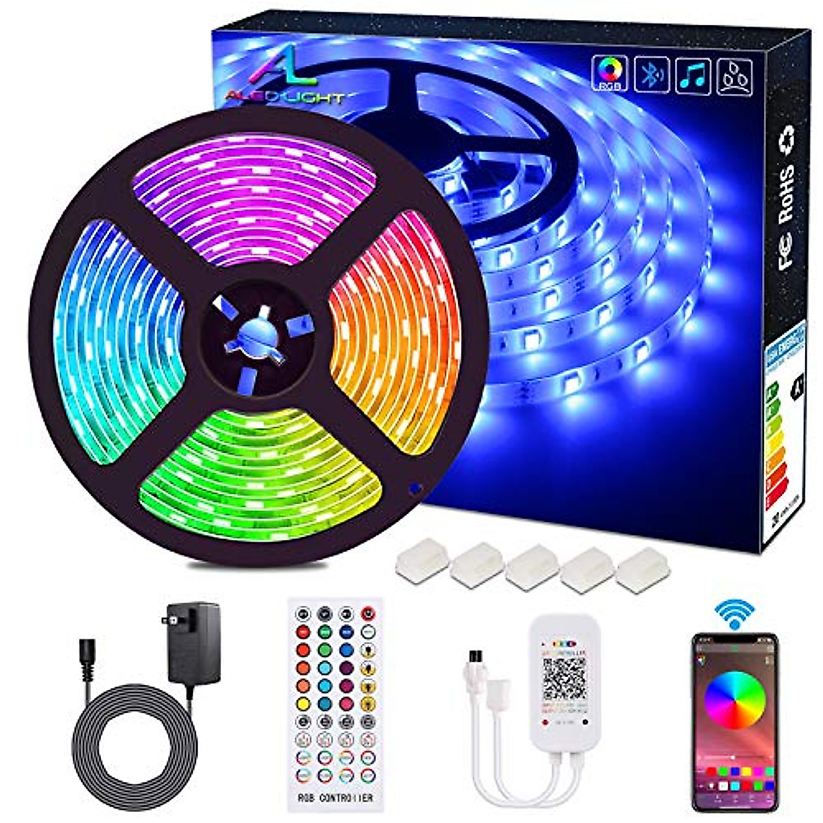 ALED LIGHT Bluetooth LED Strip Lights, 5050 16.4ft/5 Meter Led Lights with Smart-Phone APP Control,IR Remote Control,Waterproof LED Lights Strip for Bedroom,Kitchen,Christmas