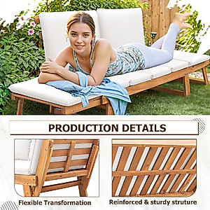 Devoko Outdoor Couch Acacia Wood Patio Couch with Adjustable Armrests,Outdoor Convertible Sofa with Removable Cushions&Pillows for Patio, Porch, Poolside(White)