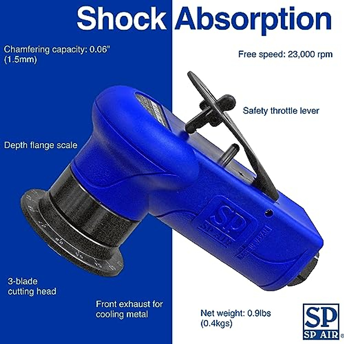 SP Air Mini Pneumatic Straight Chamfer Cut Portable Handheld Beveling Tool for 45-degree arc burr trimming, Inner Hole and Metal Edge Deburring| Blue, (SP-7252F-V2)
