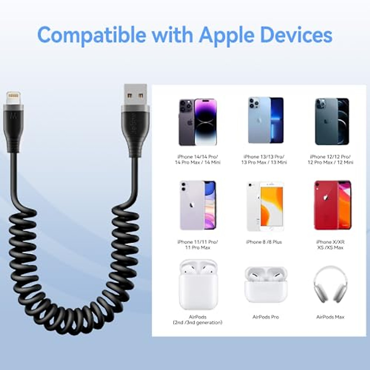 Coiled Lightning Cable [2Pack 4Ft] iPhone Charger Cable for Car MFi Certified Nylon Braided Retractable Fast Charging Cord with iPhone14/13/12/11 Pro Max/SE/XS MAX/XR/XS/X/8/7/Plus/6S iPad/iPod/iPads