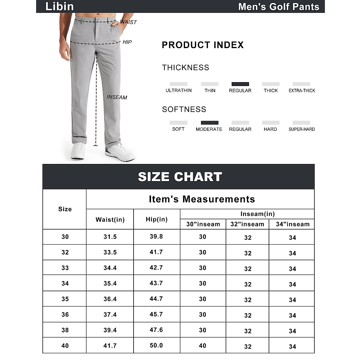 Libin Mens Golf Pants Stretch Work Dress Pants 30" Quick Dry Lightweight Business Casual Pants for Men Comfy Water Resistant, Light Grey, 40W x 30L