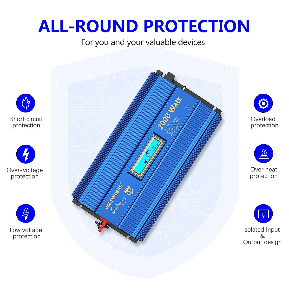 Pure Sine Wave 2000Watt Car Power Inverter ETL UL458 DC 12V to 120V AC with Remote Control and LCD Display 1 AC Terminal Block 2 AC Outlets 2x2.4A USB Ports for RV Truck Boat by VOLTWORKS (12VBlue)
