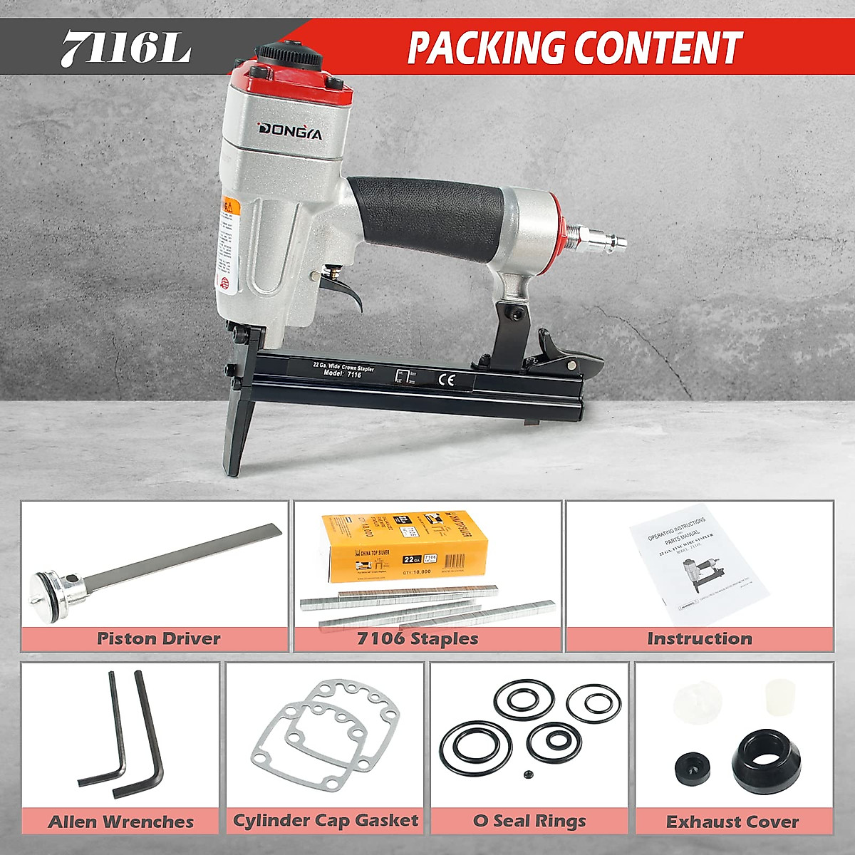 Dongya 7116L Pneumatic Upholstery Stapler with 10,000 PCS Staples, 22 Gauge 1/4'' to 5/8'' Length, 3/8'' Crown Long Nose Staple Gun, Air Power Fine Wire Stapler for Upholstering & Furniture