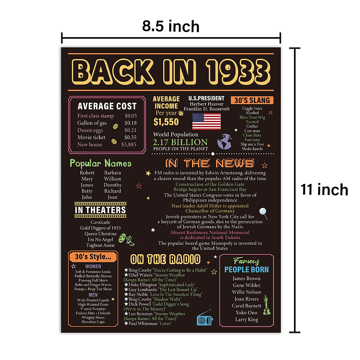 Ulbeelol Big Birthday Card, Back in 1933 Card, Oversize 91st Bday Card for Aunt, Classic 91st B-day Card for Parents Mom Dad Grandma Grandpa...