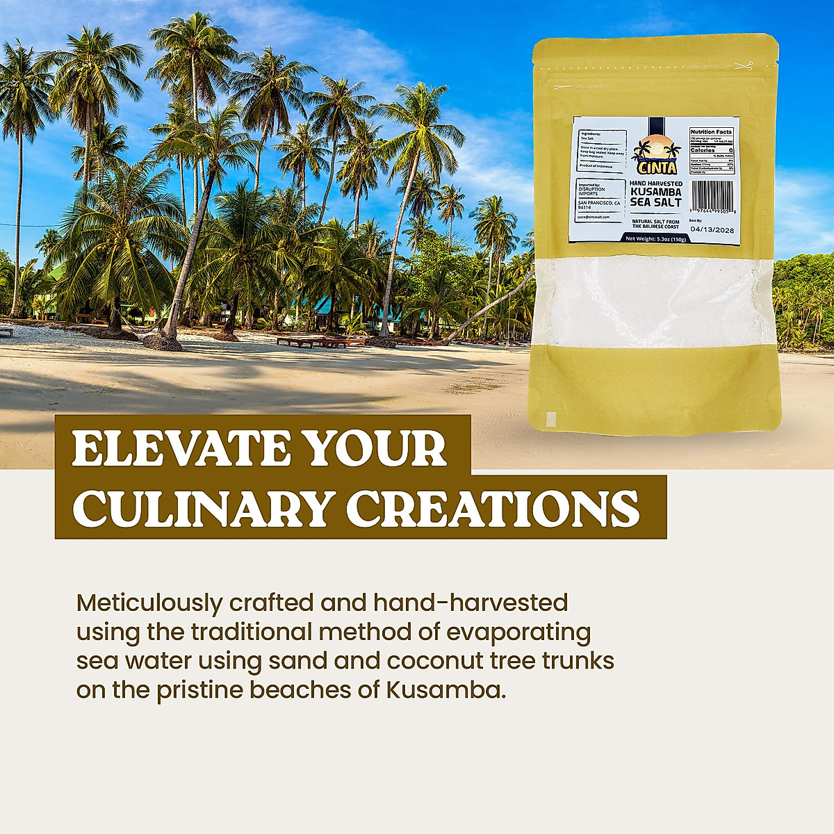 Cinta - Balinese Kusamba Sea Salt, Hand-Harvested Sea Salt from Bali, All-Natural Small Crystal Sea Salt With No Additives or Refining, Natural Salt for Cooking, Snacks, and More, 5.3 oz