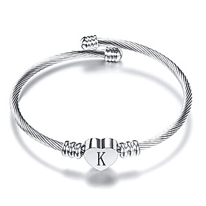 VQYSKO Silver Heart Initials Bracelet-A-Z Stainless Steel Engraved Charm Bracelet, Woman Jewelry Birthday Festival Gift (Silver K)