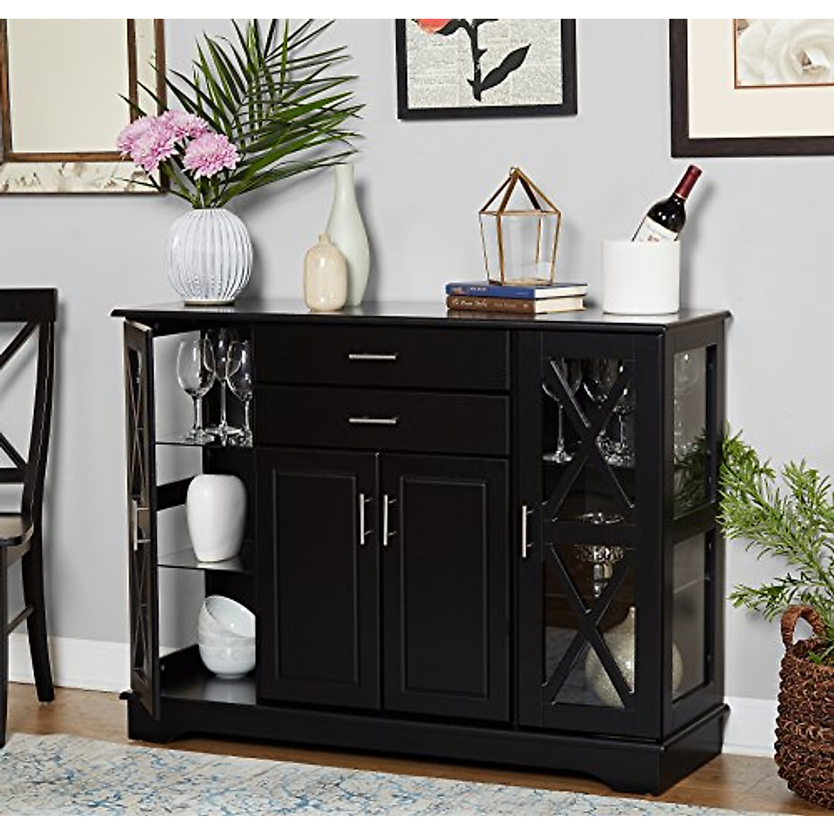 Target Marketing Systems Kendall Dining Buffet Cabinet with Storage, Modern 2-Drawer Kitchen Sideboard Doors, and 2 Adjustable Glass Shelves, 47.25" Inch, Black